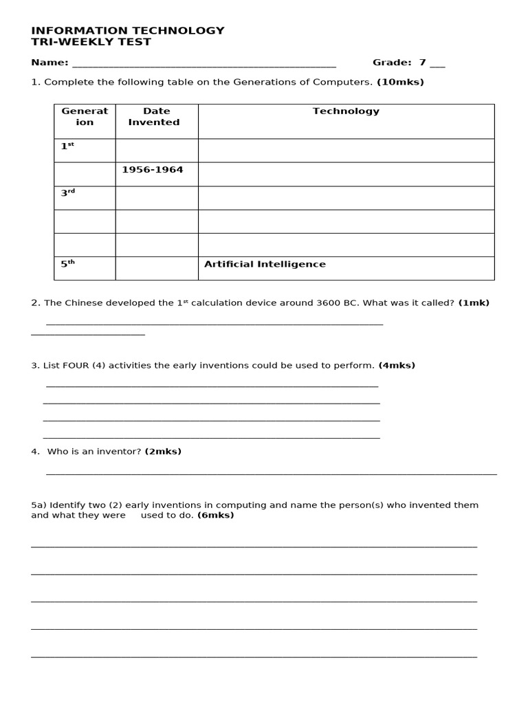 Generations of Computers Test for Grade 7 | PDF