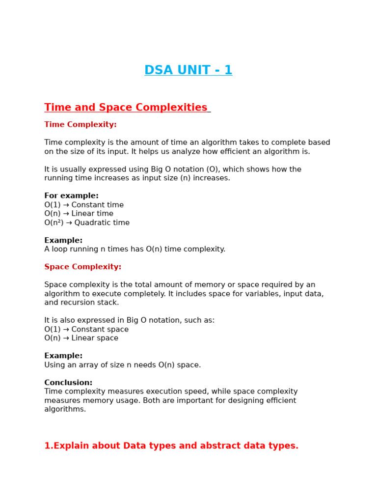 UNIT - 1 DSA1 | PDF | Data Type | Time Complexity