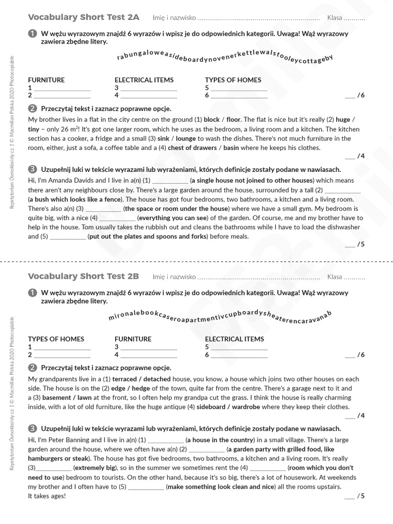 Unit 2 Short Test Vocab A&b | PDF | Room | Interior Design