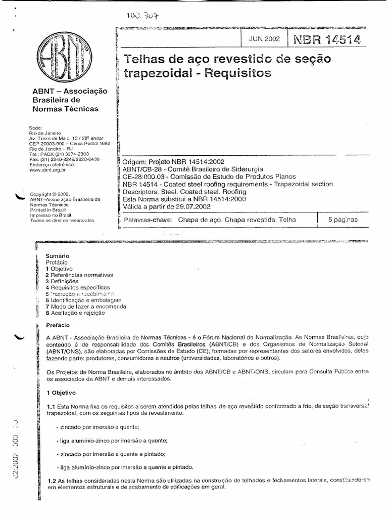 NBR 14514 - Telhas de Aço Revestido de Seção Trapezoidal - Requisitos | PDF