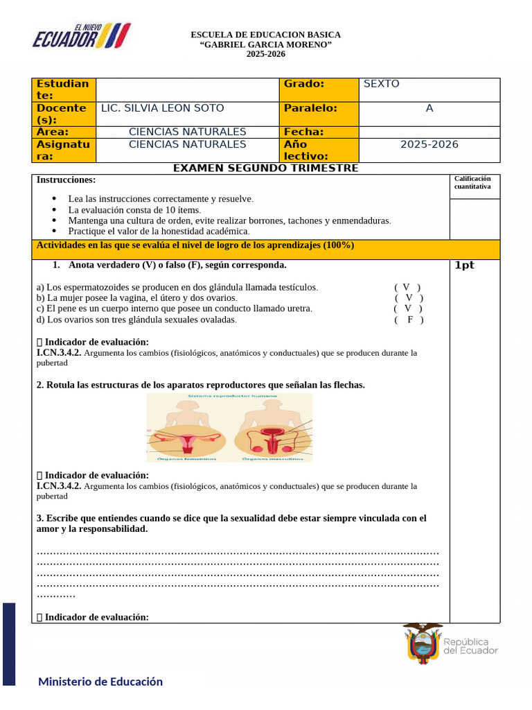 6to - CCNN 2do Trim Examen | PDF | Reproducción | Sistema reproductivo