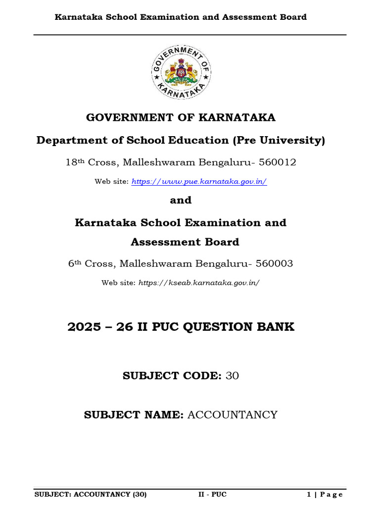 II PUC Accountancy Question Bank 2025-26 | PDF | Partnership | Goodwill ...