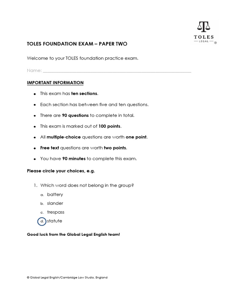 TOLES Foundation Exam Practice Questions | PDF | Damages | Defamation