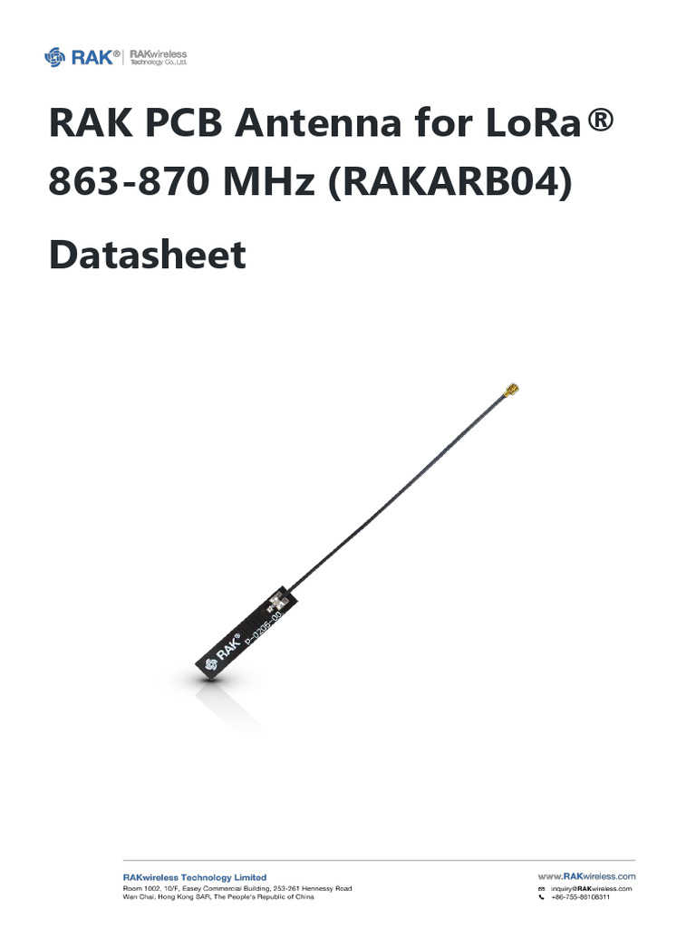 RAK PCB Antenna for LoRa 863-870 MHz (RAKARB04) Datasheet | PDF ...