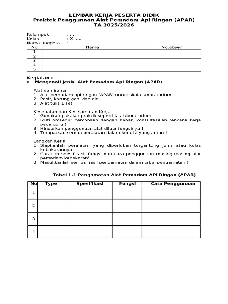 LKPD Kegiatan Simulasi Penggunaan APAR Kelas X TA 2526 | PDF