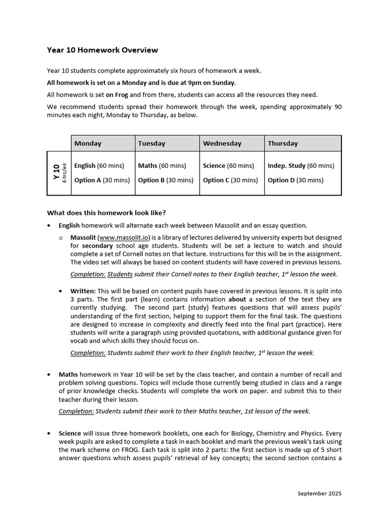Y10 HW Overview | PDF | Homework | Learning