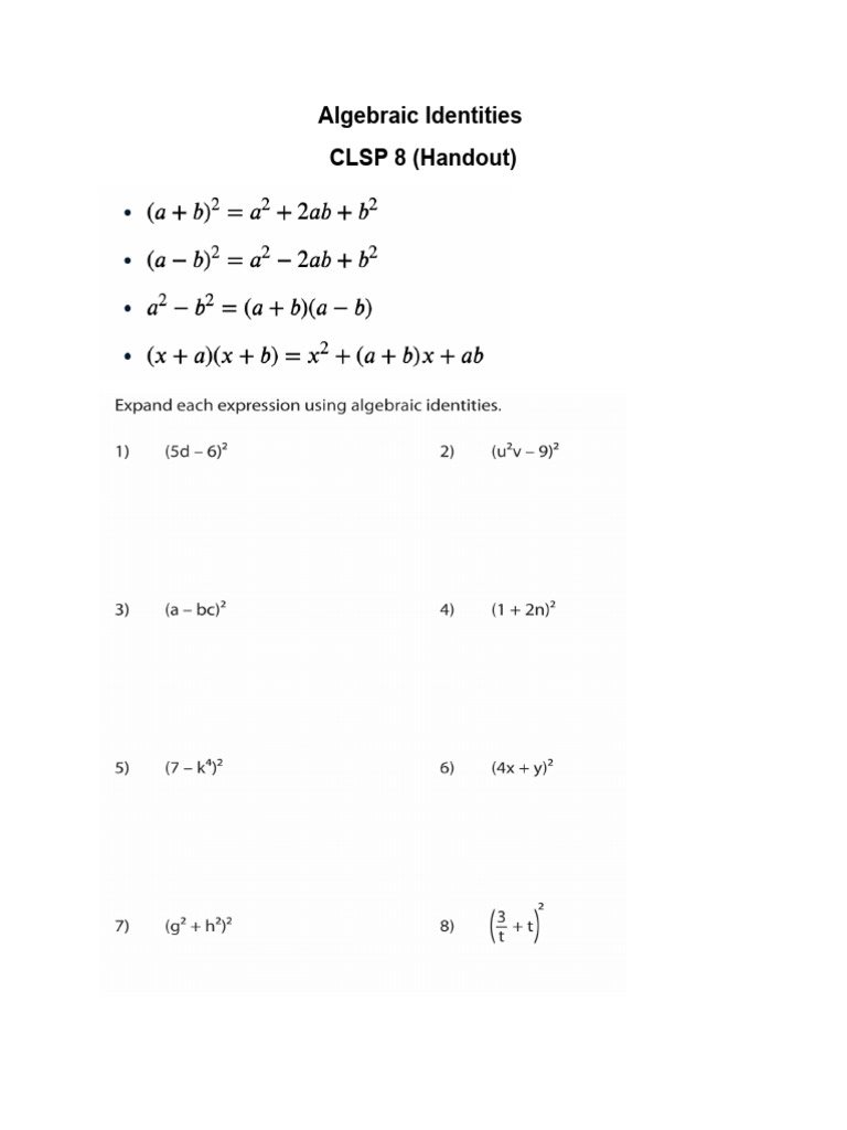 Algebraic Identities Handout | PDF