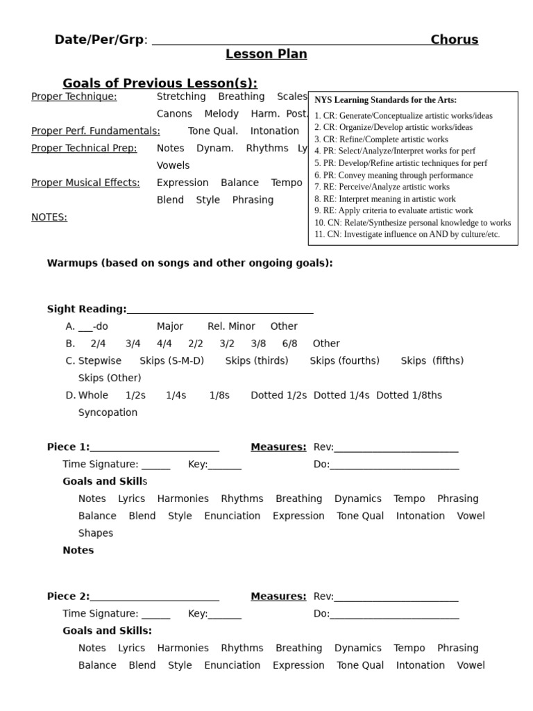 Lesson Plan Template - Chorus | PDF | Rhythm | Tempo