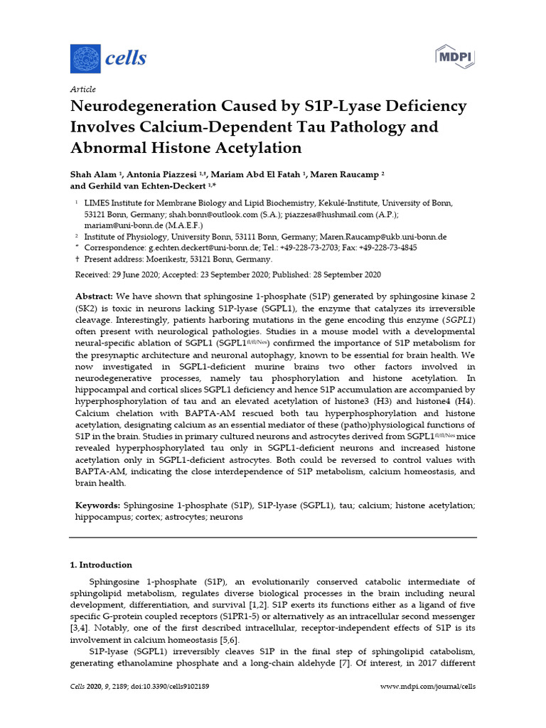 Neurodegeneration Caused by S1P-Lyase Deficiency Involves Calcium ...
