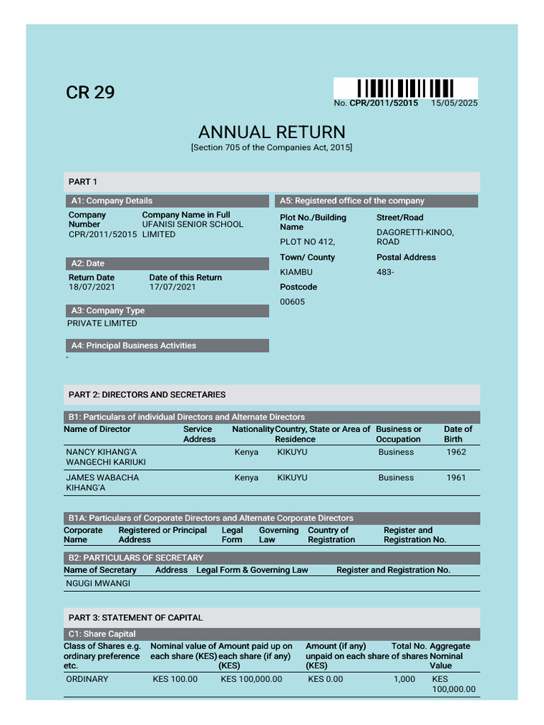 CPR 2011 52015 Annual Return Form | PDF | Private Law | Corporations