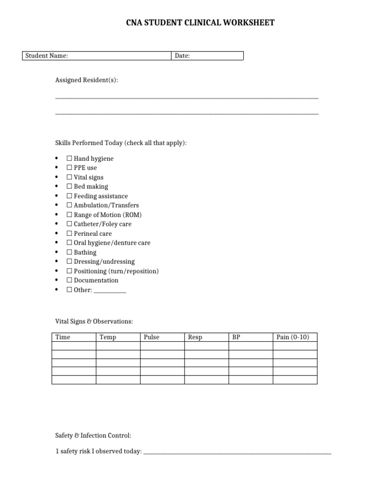CNA Clinical Worksheet Template | PDF | Diseases And Disorders | Medicine