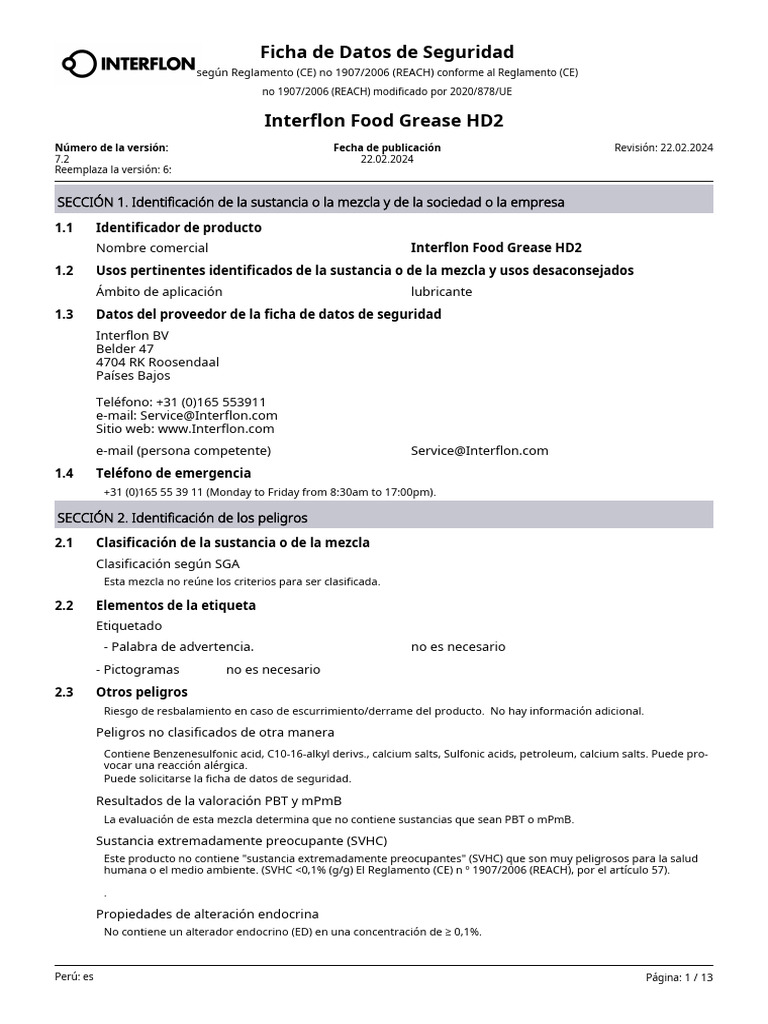 9151 SDS PE Es Interflon Food Grease HD2 | PDF | Agua | Toxicidad