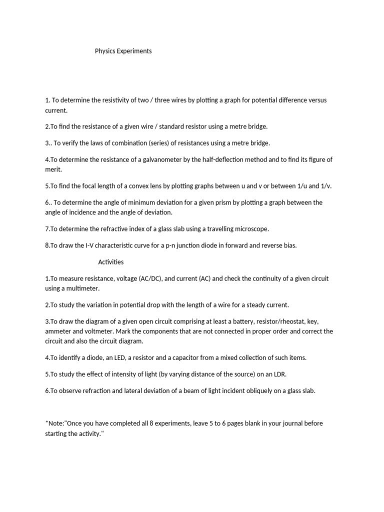 Physics Experiments and Activities Guide | PDF