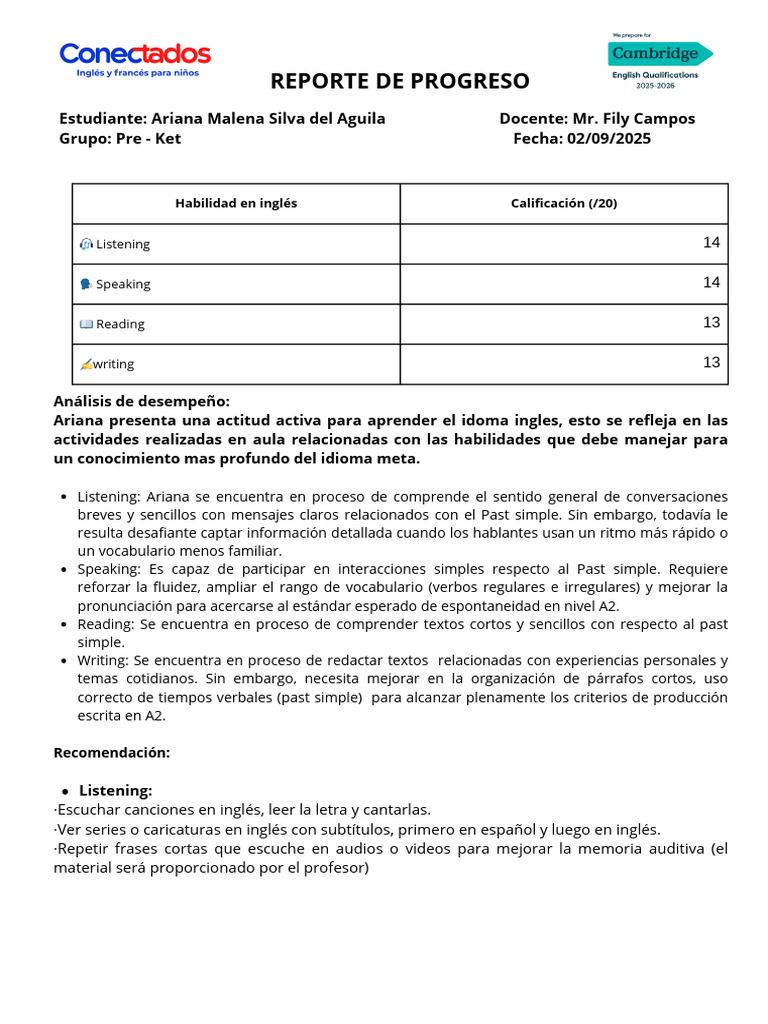 Ariana Malena Silva del Aguila Pre-Ket | PDF | Idioma en Inglés | Cognición