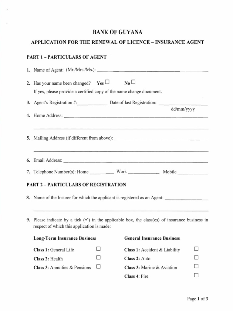 Bank of Guyana - Application For The Renewal of Licence - Insurance ...