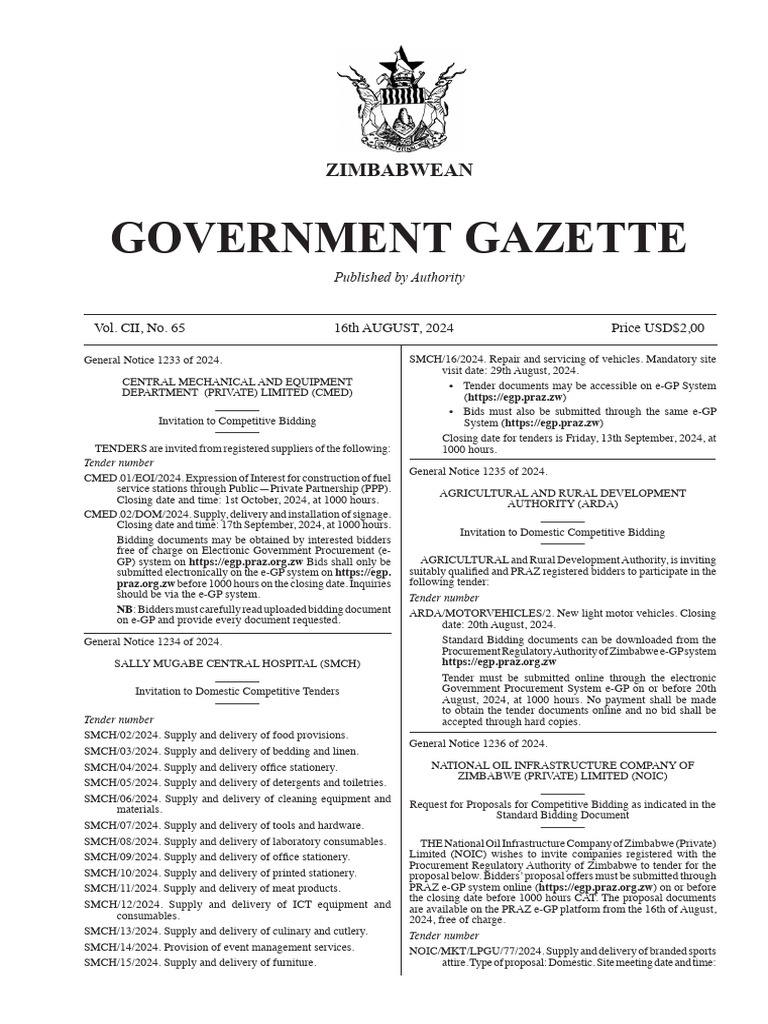 ZW Government Gazette Dated 2024-08-16 No 65 | PDF | Procurement