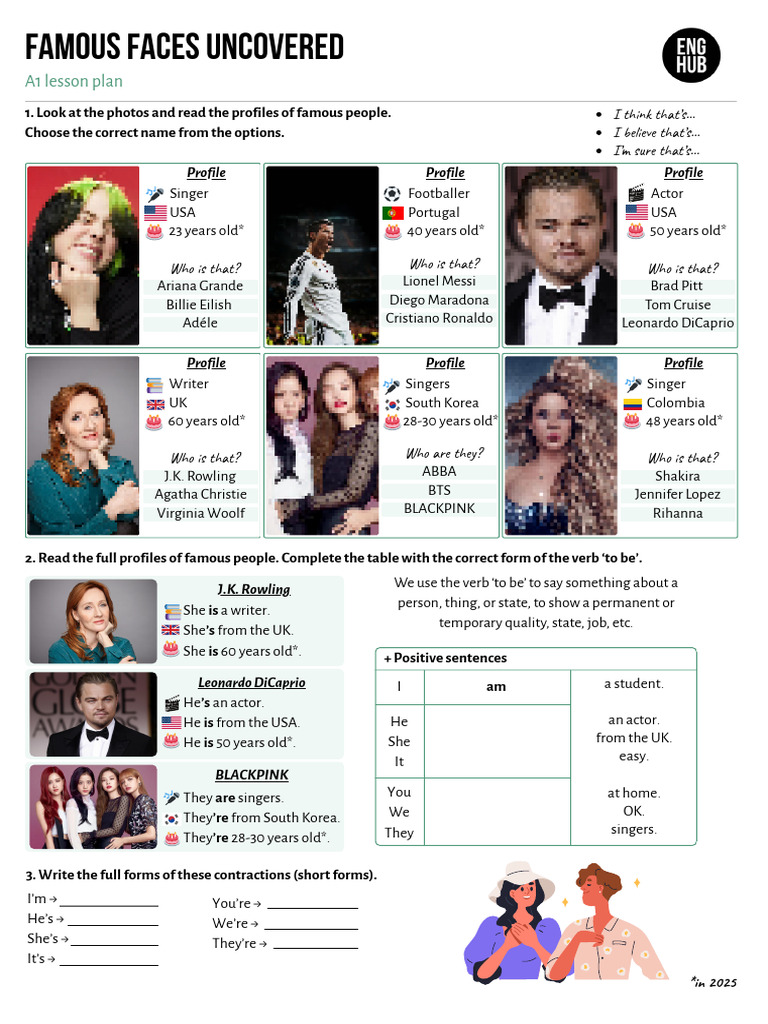 A1 Famous Faces Uncovered - To Be A4 Worksheet SV | PDF
