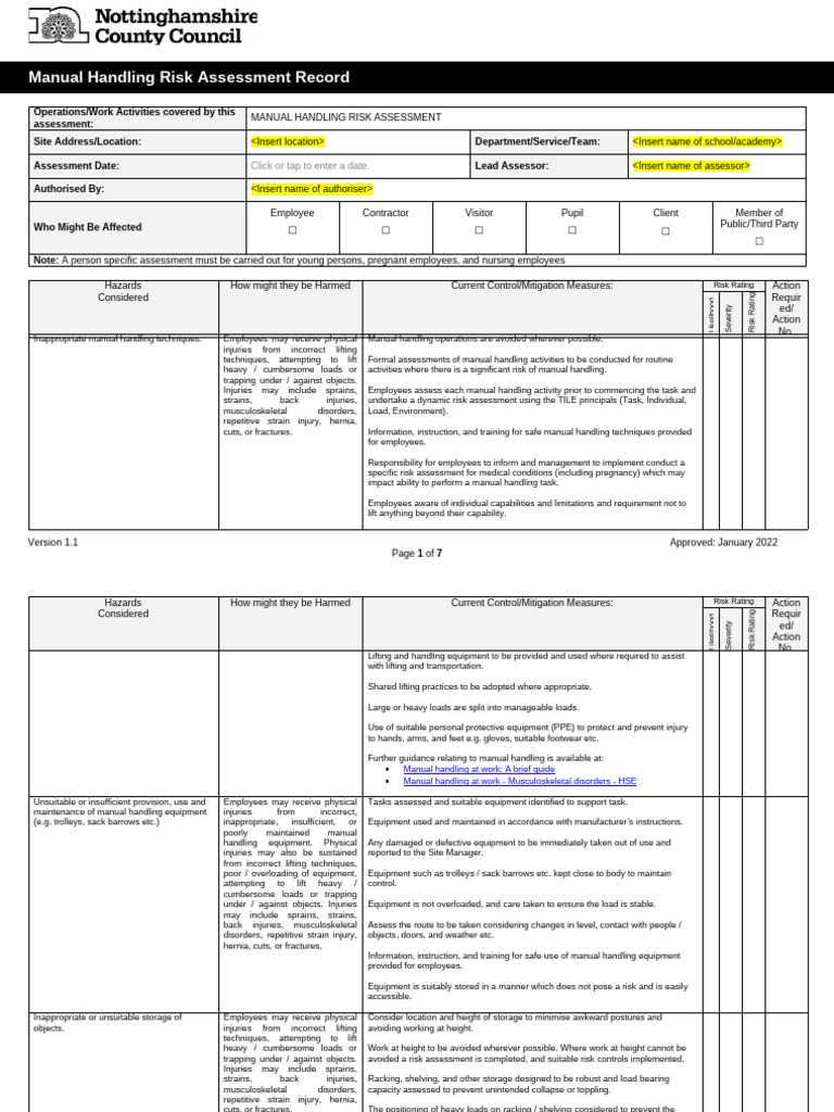 Manual Handling Risk Assessment Record | PDF | Risk | Safety
