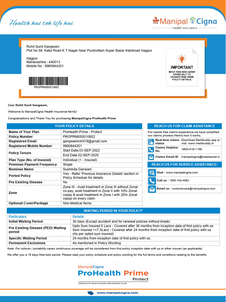 ManipalCigna ProHealth Prime Policy Details | PDF | Mental Disorder ...