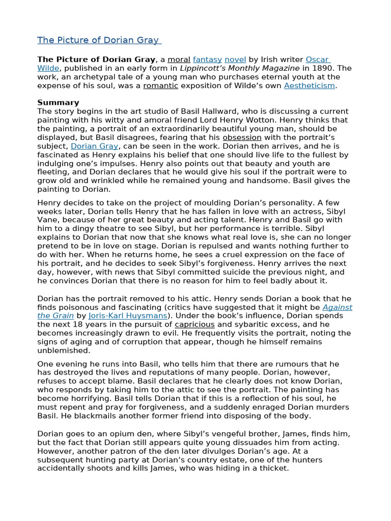 The Picture of Dorian Gray Summary | PDF | The Picture Of Dorian Gray