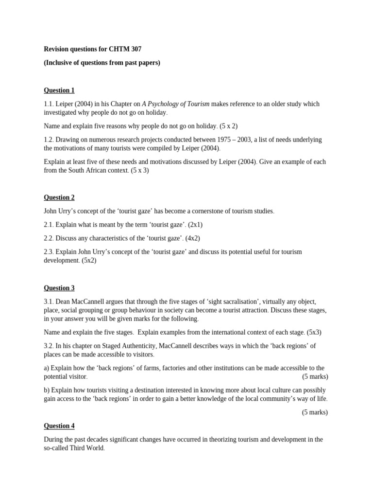 CHTM 307 Revision Questions Guide | PDF | Tourism | Sociology