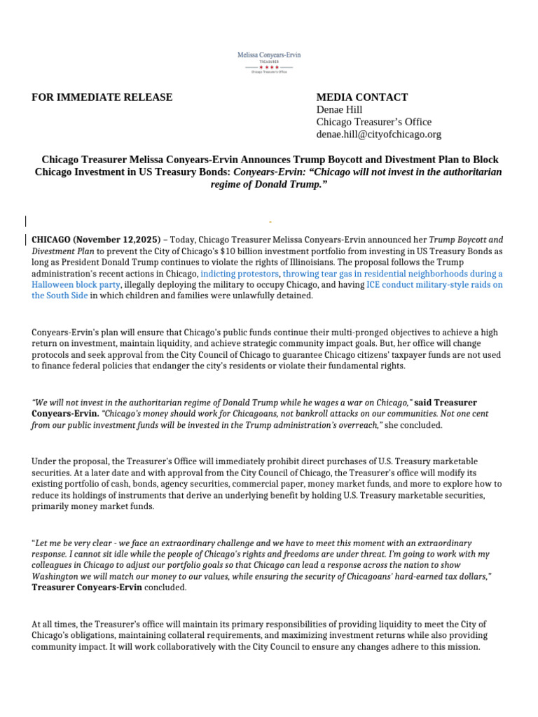 Chicago Treasurer Melissa Conyears-Ervin Announces Trump Boycott and ...
