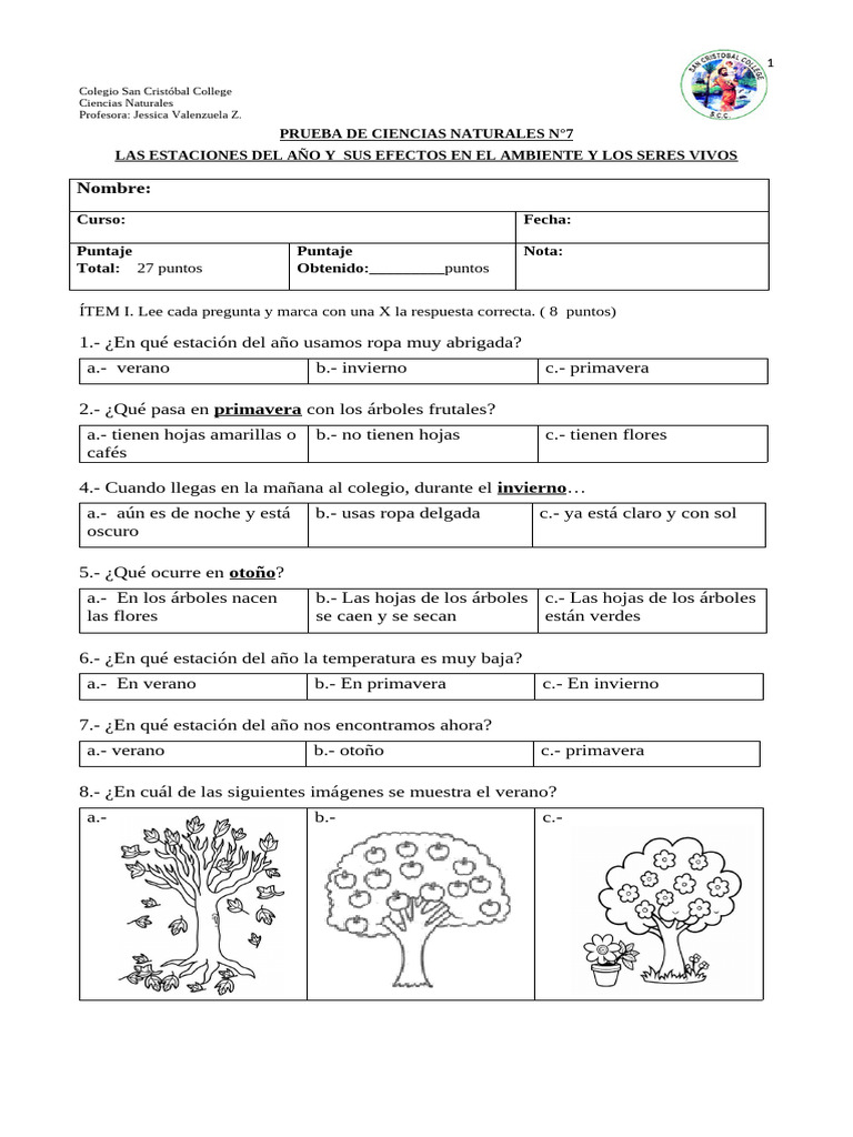 Prueba de Ciencias Naturales - Las Estaciones Del Año | PDF | Temporada ...