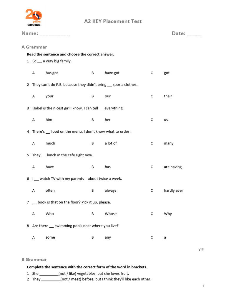A2 Key Placement Test Overview | PDF
