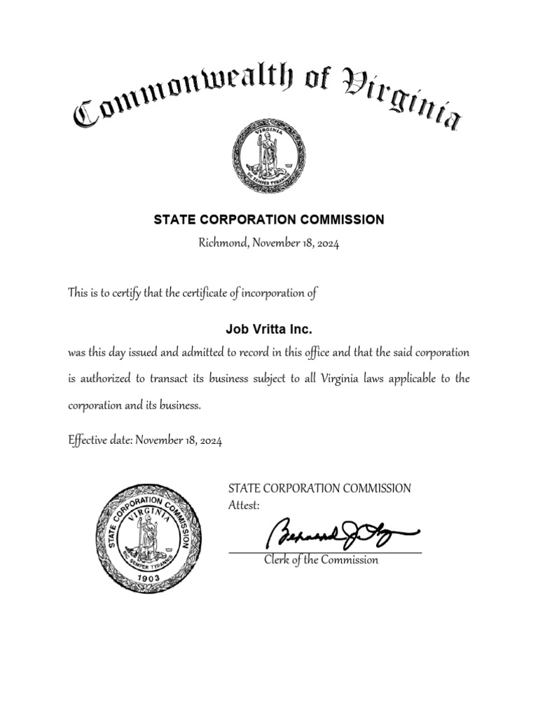 Job Vritta Inc. Incorporation Certificate | PDF