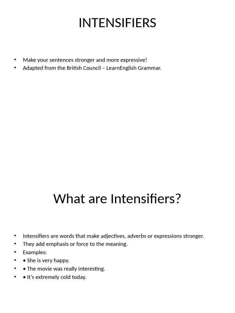 Mastering Intensifiers for Stronger Sentences | PDF | Adjective | Adverb