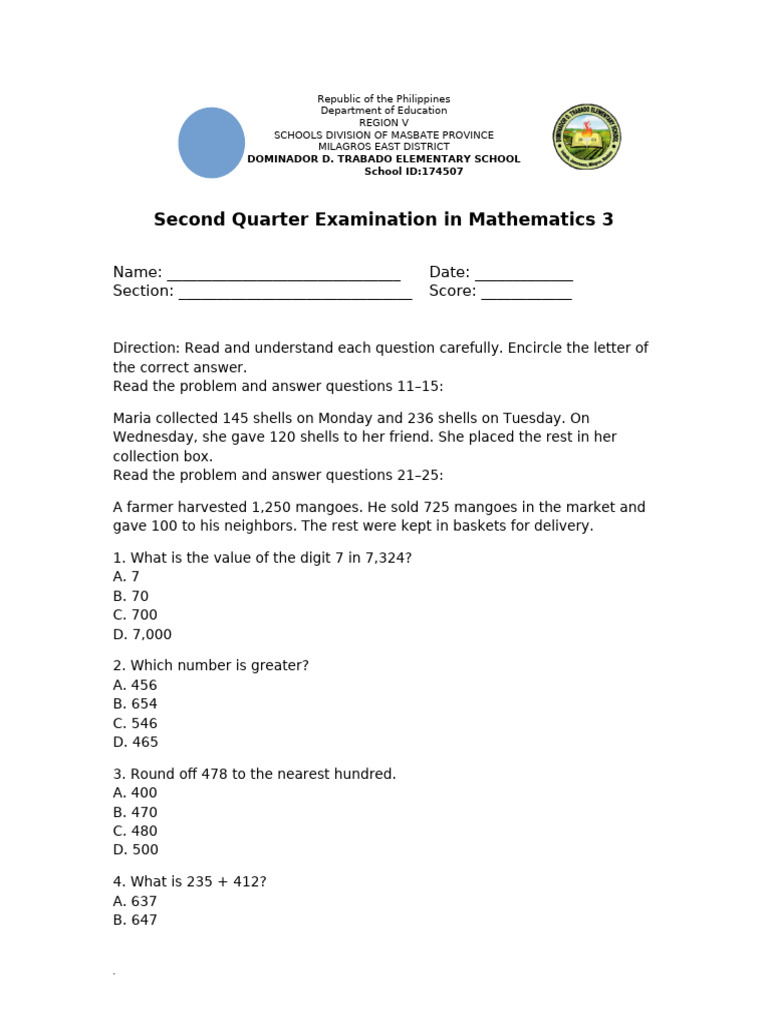 Math 3 Second Quarter Exam Guide | PDF | Mathematics | Elementary ...