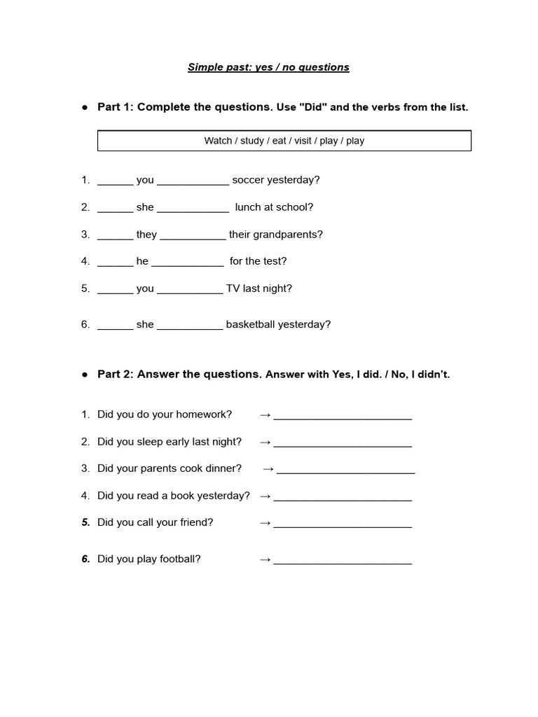 Simple Past - Yes - No Questions | PDF