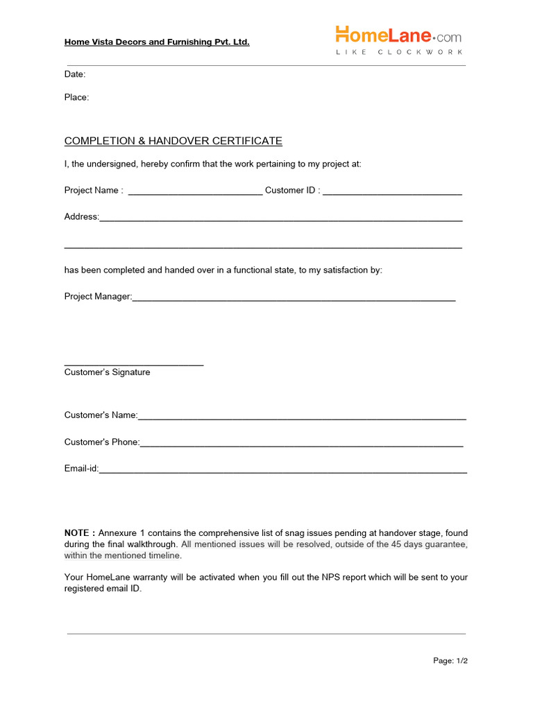 Completion and Handover Certificate | PDF