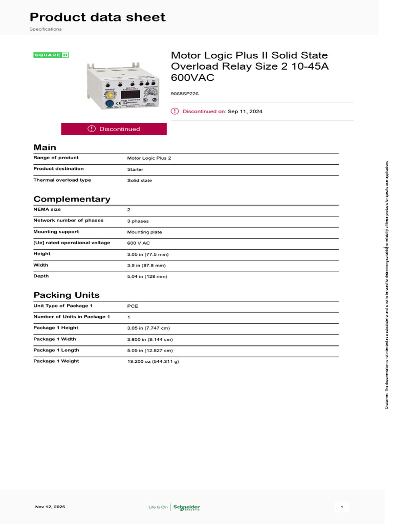 Schneider Electric Motor Logic Solid State Overload Relays 9065SP226 ...
