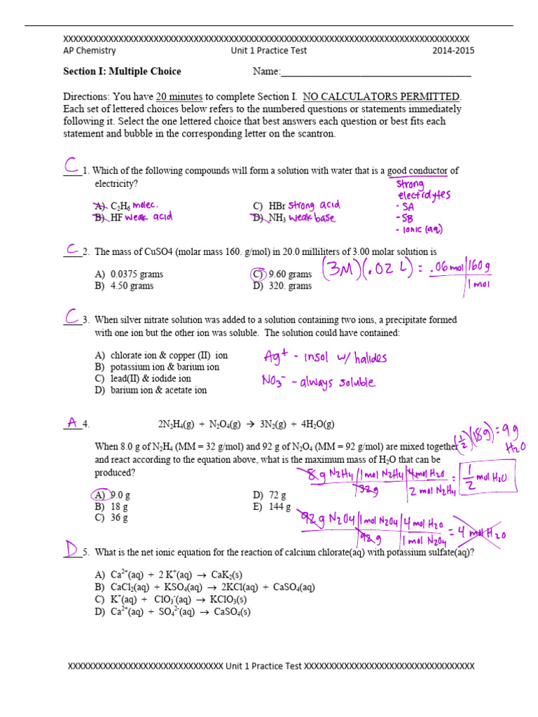 AP Chemistry Unit 1 Practice Test | PDF | Mole (Unit) | Acid