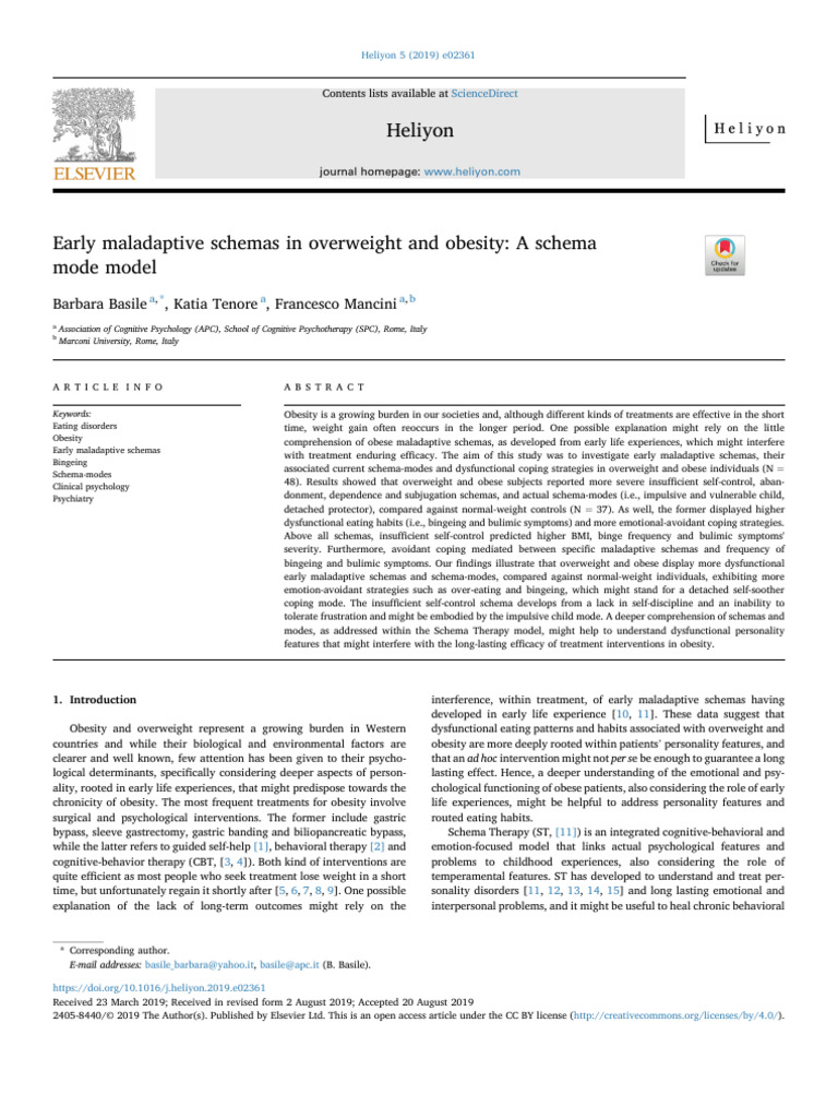Early Maladaptive Schemas in Overweight and Obesity: A Schema Mode ...