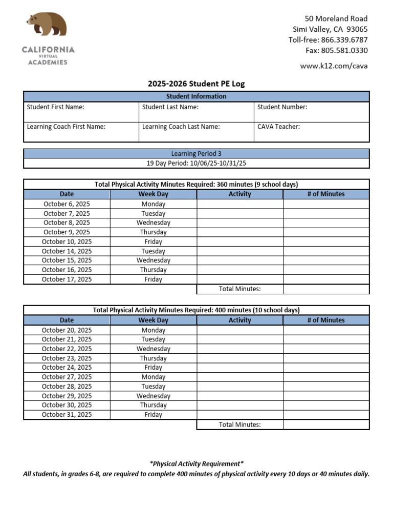 2025-2026 Student PE Activity Log | PDF