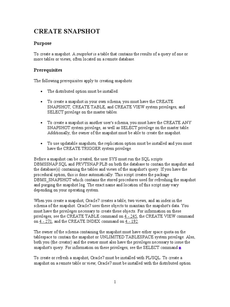 Create Snapshot | PDF | Table (Database) | Databases