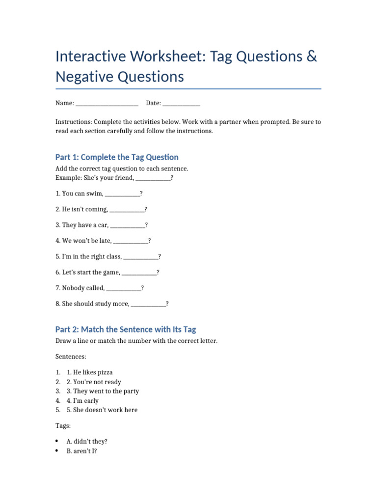 Tag Questions Negative Questions Worksheet | PDF