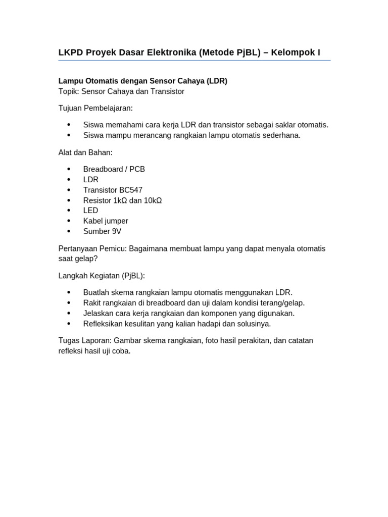 LKPD Proyek Dasar Elektronika PJBL | PDF