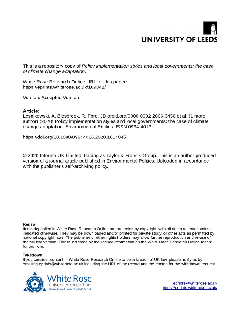 Lesnikowski Et Al 2020 | PDF | Policy | Governance