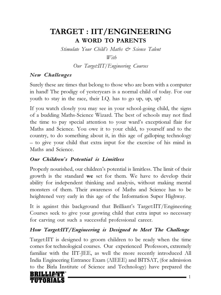 Target: Iit/Engineering: A Word To Parents | PDF | Test (Assessment ...