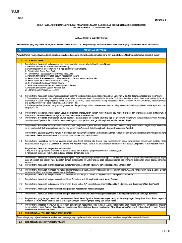 Apendiks 1 - Jadual Pematuhan Skop Kerja | PDF