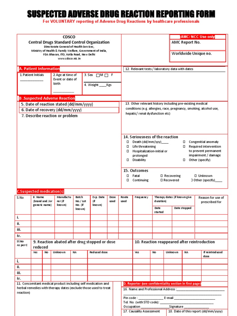 Adr Form Pvpi | Pharmacovigilance | Medicine