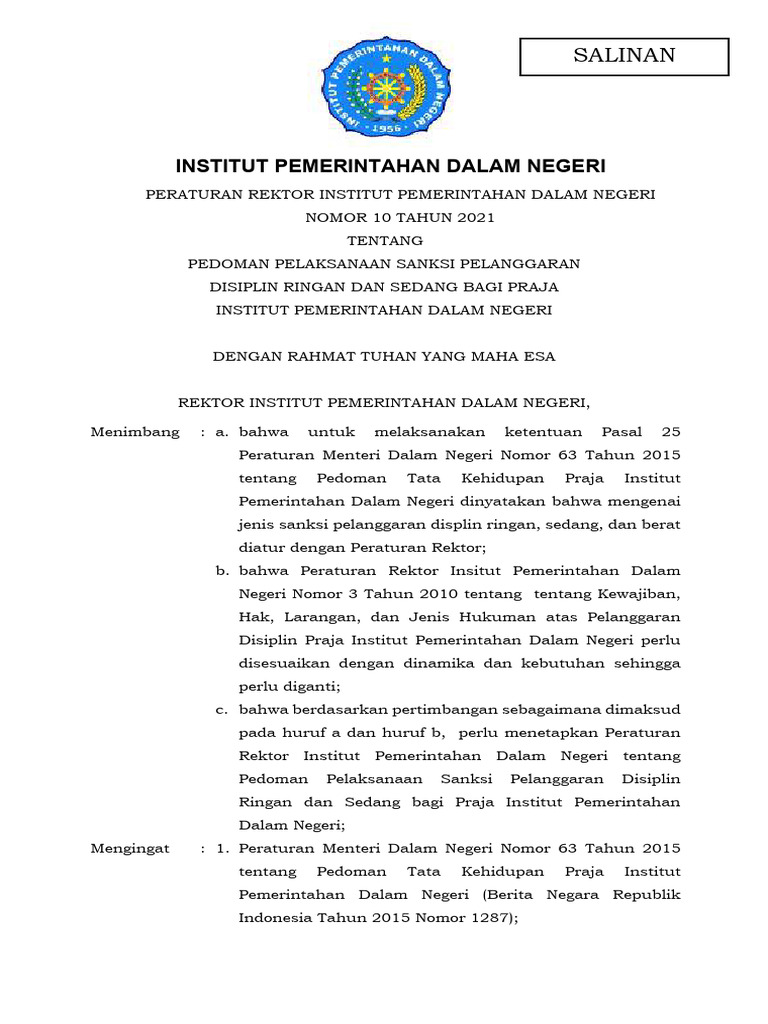 Peraturan Rektor No. 10 Tahun 2021 TTG Ped Plaksn Sanksi Plnggarn ...