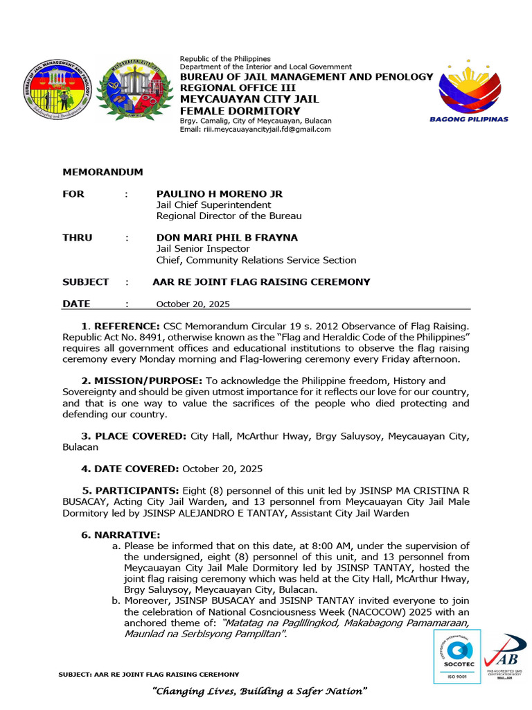 Mcjfd-Aar Re Joint Flag Raising Ceremony-october 20.2025 | PDF