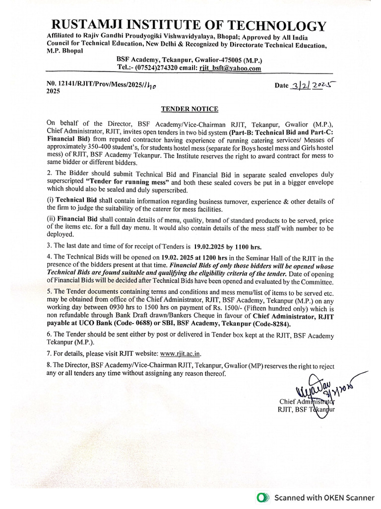 RJIT Mess Tender Notice | PDF