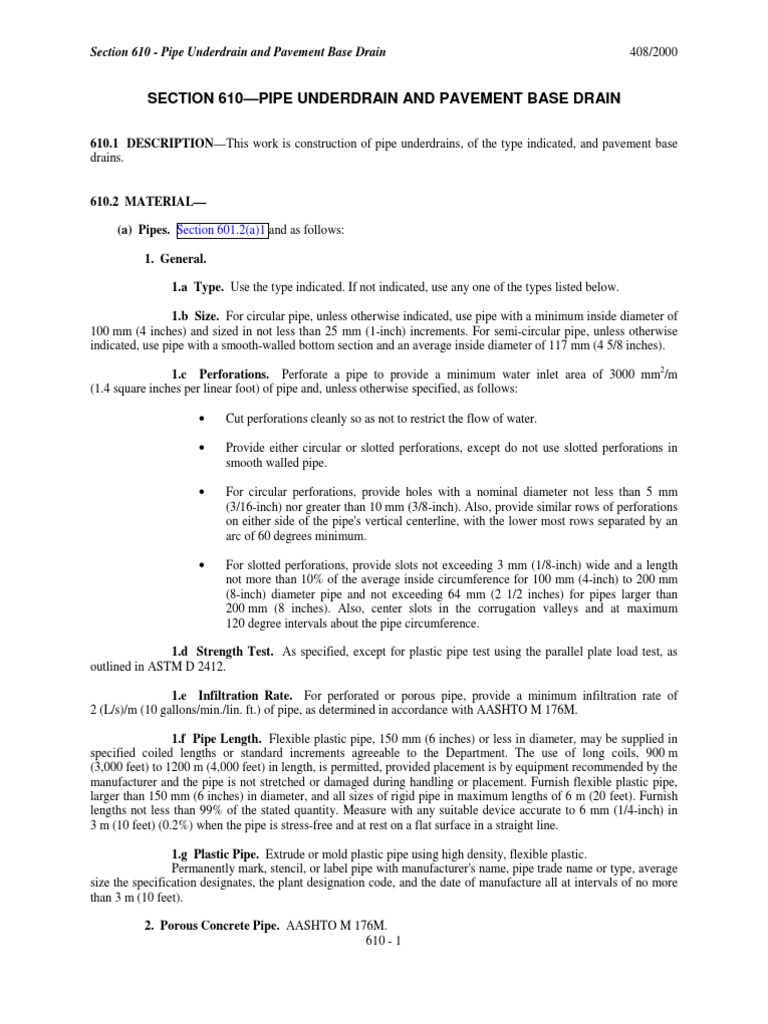 Section 610-Pipe Underdrain and Pavement Base Drain | PDF | Drainage ...