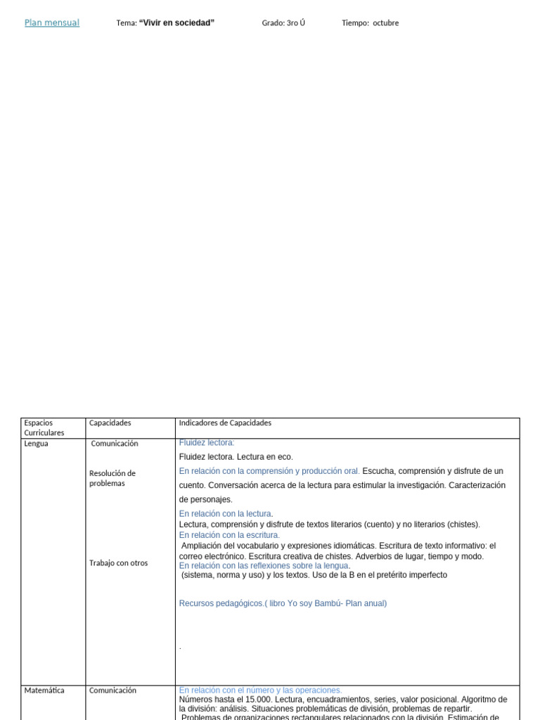 Plan Mensual Octubre.3ro | PDF | Escritura | Comunicación humana