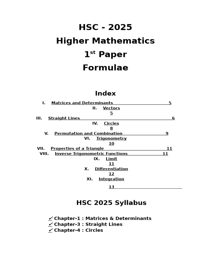 HSC - 2025 Higher Mathematics 1 Paper Formulae: Index | PDF